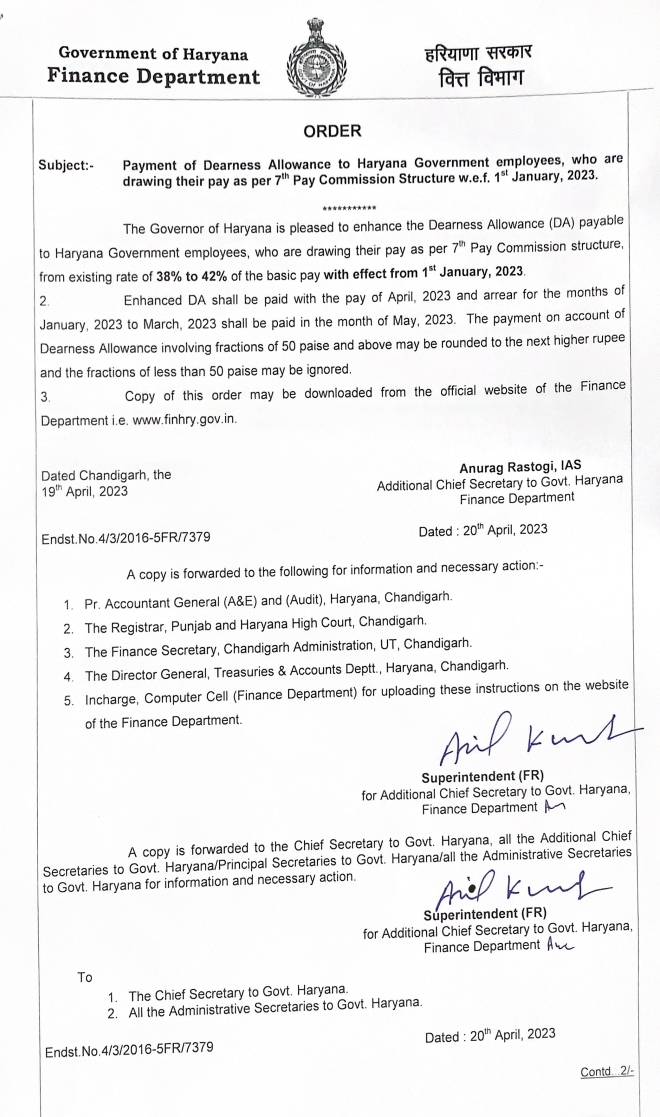Payment of Dearness Allowance (DA) to Haryana Government Employees ...