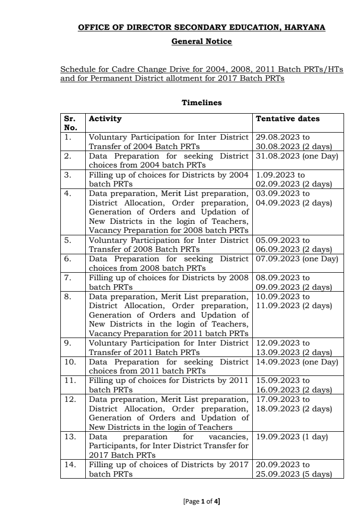 Online Transfer Schedule For Teachers in Haryana – Govt. Employees News